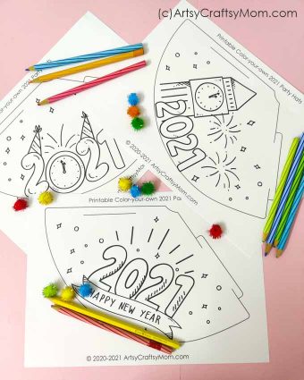 FREE Printable 2024 New Years Eve Coloring Party Hats - Artsy Craftsy Mom