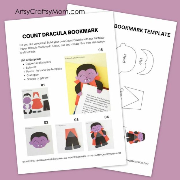 Easy Printable Paper Dracula Bookmark for Kids